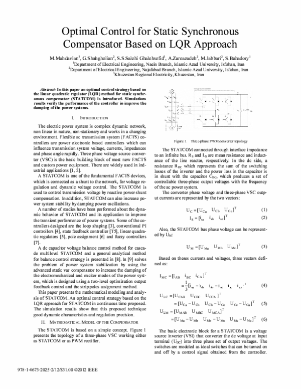 (PDF) Optimal control for static synchronous compensator based on LQR approach