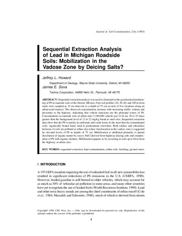 (PDF) Sequential extraction analysis of lead in Michigan roadside soils: Mobilization in the ...