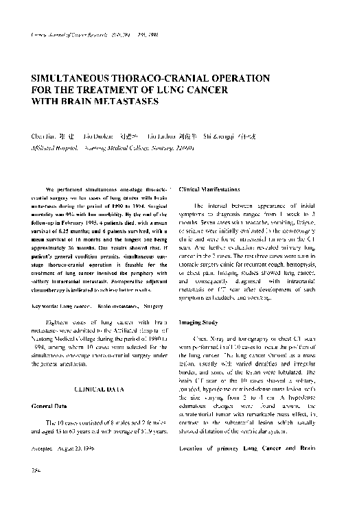 (PDF) Simultaneous thoraco-cranial operation for the treatment of lung ...