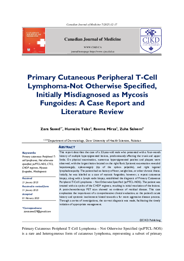 (PDF) Primary Cutaneous Peripheral T-Cell Lymphoma-Not Otherwise Specified, Initially ...