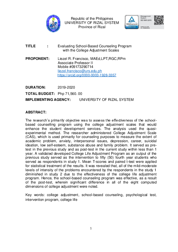 (PDF) Evaluating School-Based Counseling Program with the College Adjustment Scales