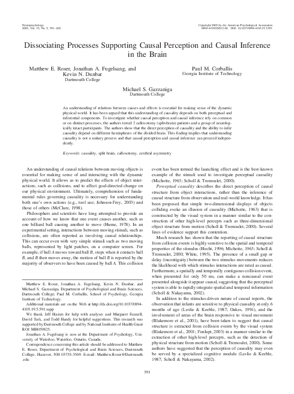 (PDF) Dissociating Processes Supporting Causal Perception and Causal Inference in the Brain