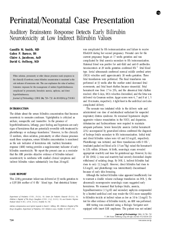 (PDF) Auditory Brainstem Response Detects Early Bilirubin Neurotoxicity ...