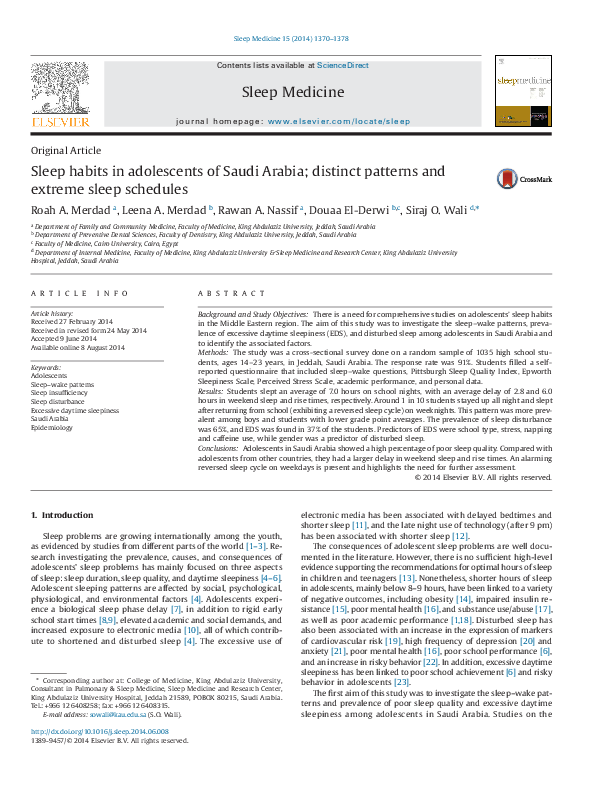 (PDF) Sleep habits in adolescents of Saudi Arabia; distinct patterns ...