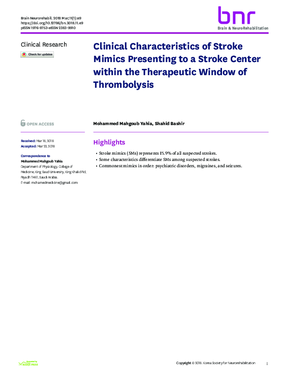 (PDF) Clinical Characteristics of Stroke Mimics Presenting to a Stroke Center within the ...