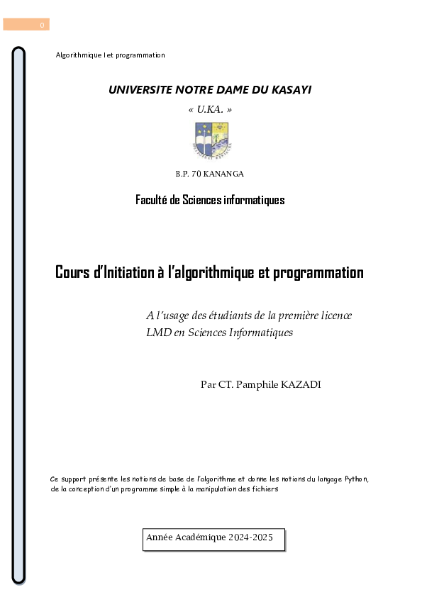 (PDF) Algorithmique I et programmation UNIVERSITE NOTRE DAME DU KASAYI