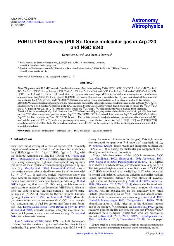 (PDF) PdBI U/LIRG Survey (PULS): Dense molecular gas in Arp 220 and NGC 6240