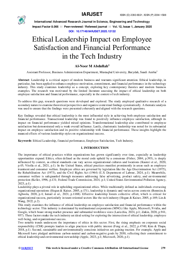 (PDF) Ethical Leadership Impact on Employee Satisfaction and Financial Performance in the Tech ...