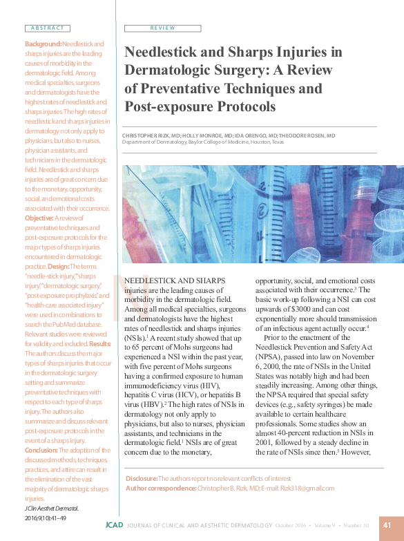 (PDF) Needlestick and Sharps Injuries in Dermatologic Surgery: A Review ...