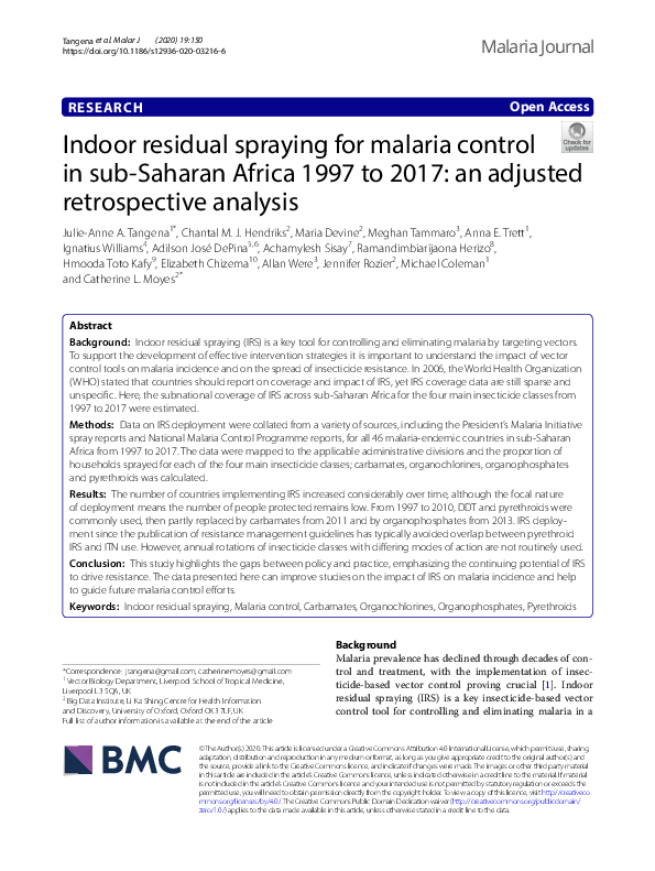 (PDF) Indoor residual spraying for malaria control in Sub-Saharan ...