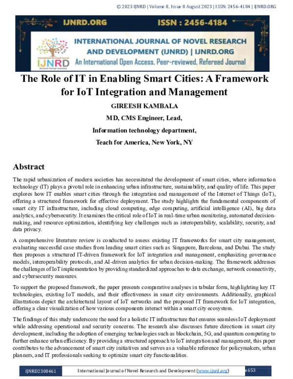 (PDF) The Role of IT in Enabling Smart Cities: A Framework for IoT ...