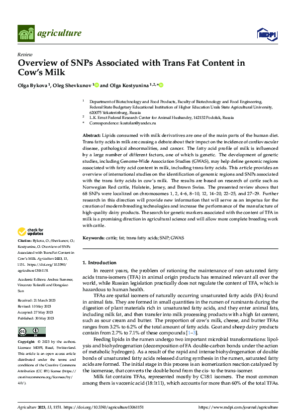 (PDF) Overview of SNPs Associated with Trans Fat Content in Cow’s Milk