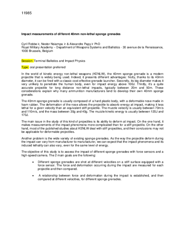 (PDF) Impact measurements of different 40mm non-lethal sponge grenades
