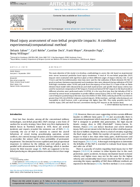 (PDF) Head injury assessment of non-lethal projectile impacts: A ...