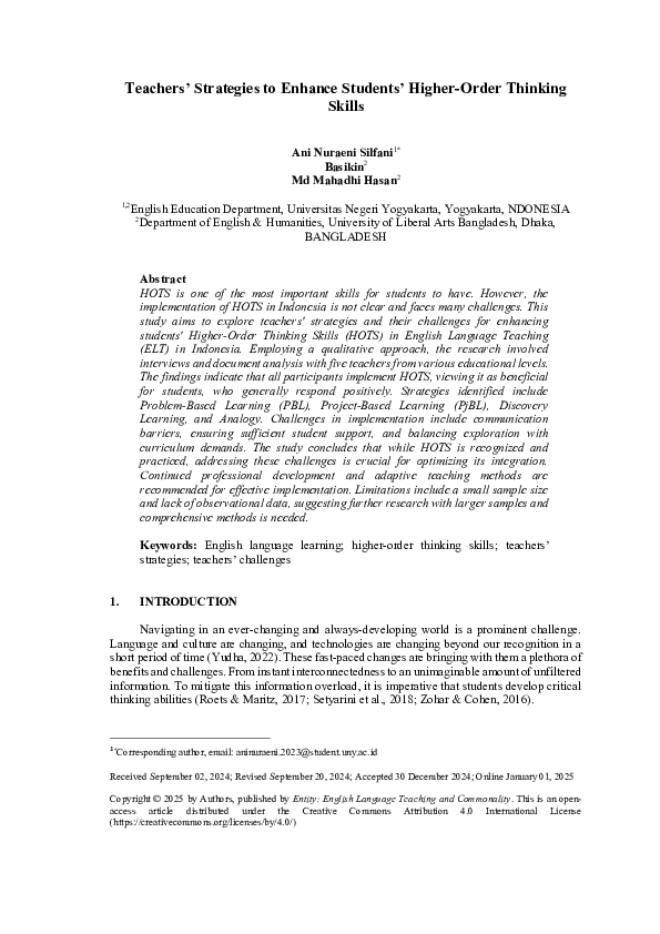 (PDF) Teachers' Strategies to Enhance Students' Higher-Order Thinking Skills