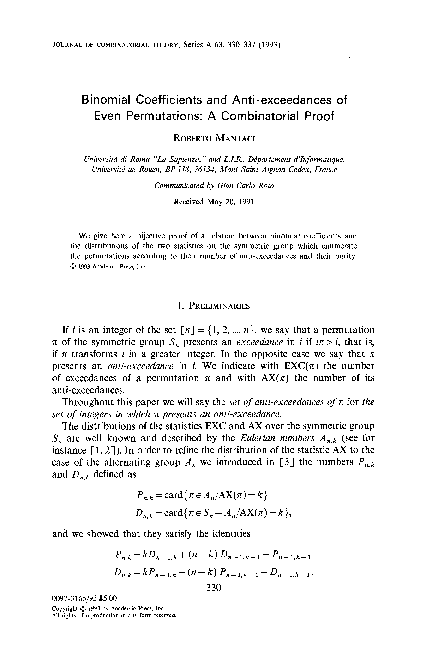 (PDF) Binomial coefficients and anti-exceedances of even permutations ...