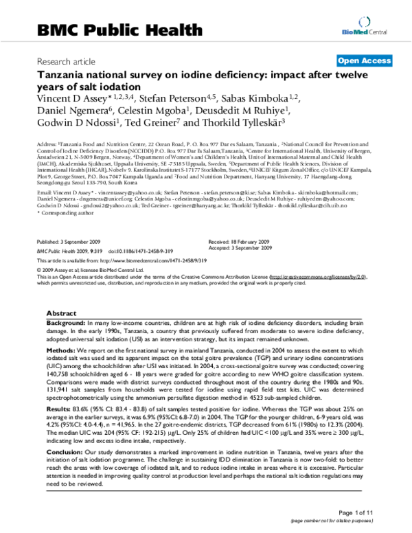 (PDF) Tanzania national survey on iodine deficiency: impact after ...