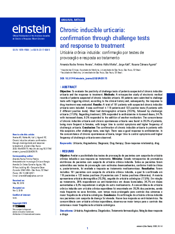 (PDF) Chronic inducible urticaria: confirmation through challenge tests ...