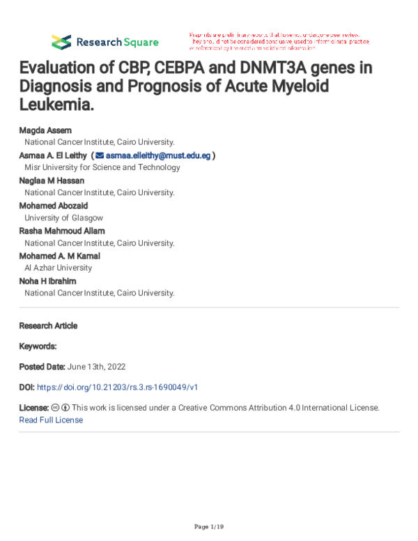 (PDF) Evaluation of CBP, CEBPA and DNMT3A genes in Diagnosis and Prognosis of Acute Myeloid Leukemia