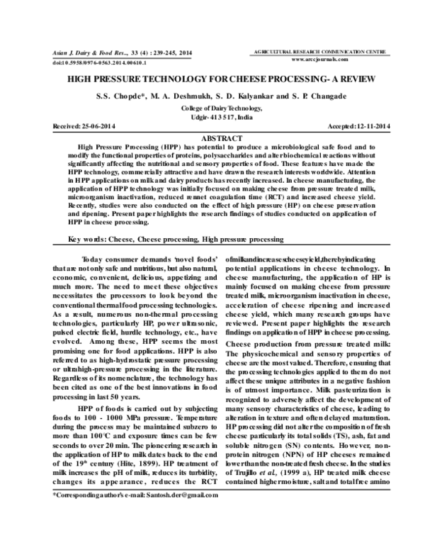 (PDF) High pressure technology for cheese processing-a review