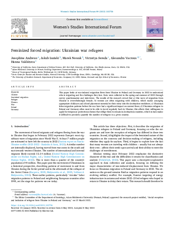 (PDF) Feminized forced migration: Ukrainian war refugees