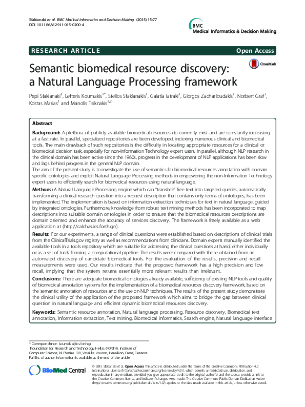 (PDF) Semantic biomedical resource discovery: a Natural Language Processing framework