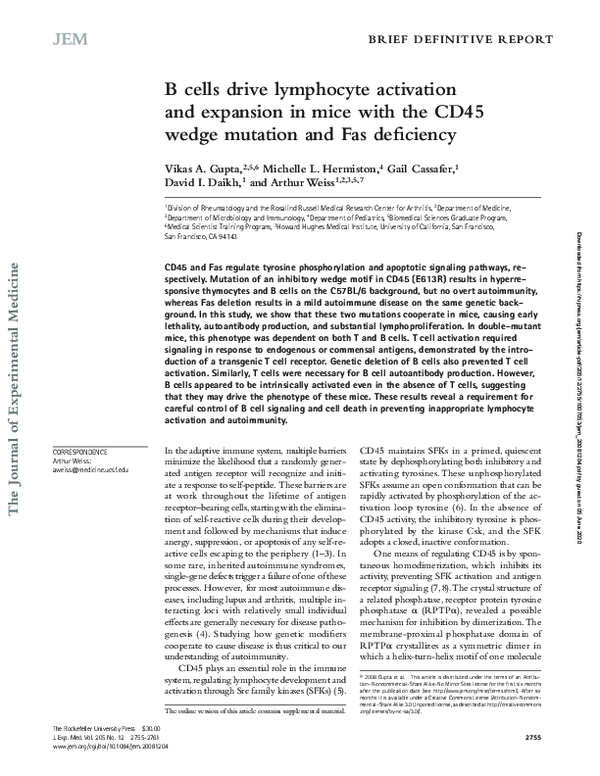 (PDF) B cells drive lymphocyte activation and expansion in mice with ...