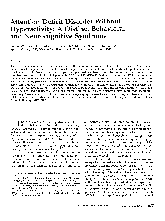 (PDF) Attention Deficit Disorder Without Hyperactivity: A Distinct ...
