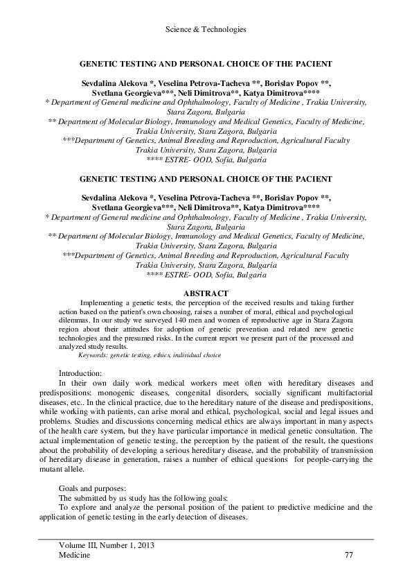 (PDF) Medicine 77 GENETIC TESTING AND PERSONAL CHOICE OF THE PACIENT ...