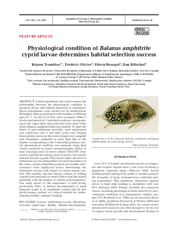 (PDF) Physiological condition of Balanus amphitrite cyprid larvae ...
