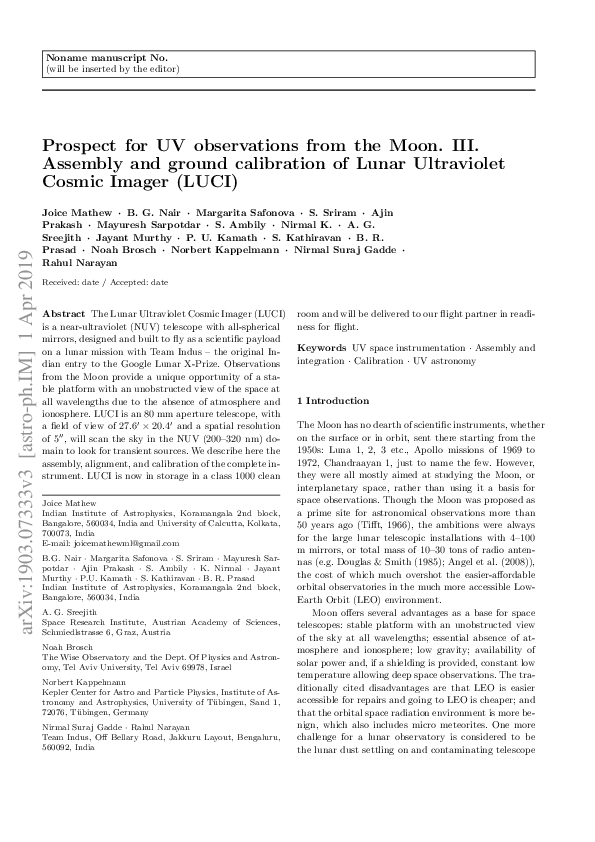 (PDF) Prospect for UV observations from the Moon. III. Assembly and ...