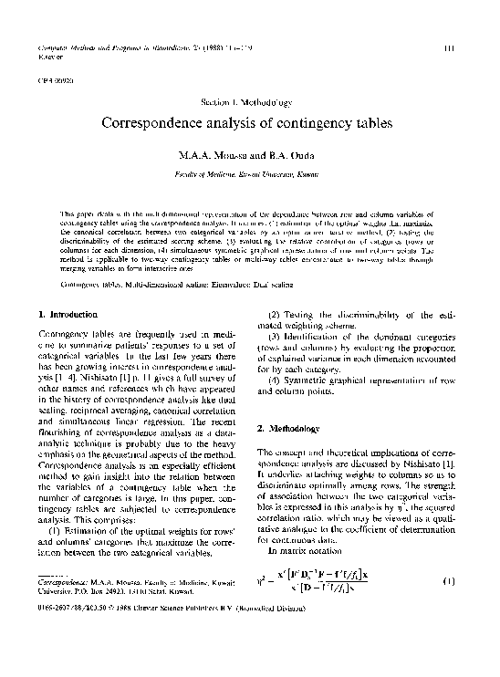 (PDF) Correspondence analysis of contingency tables