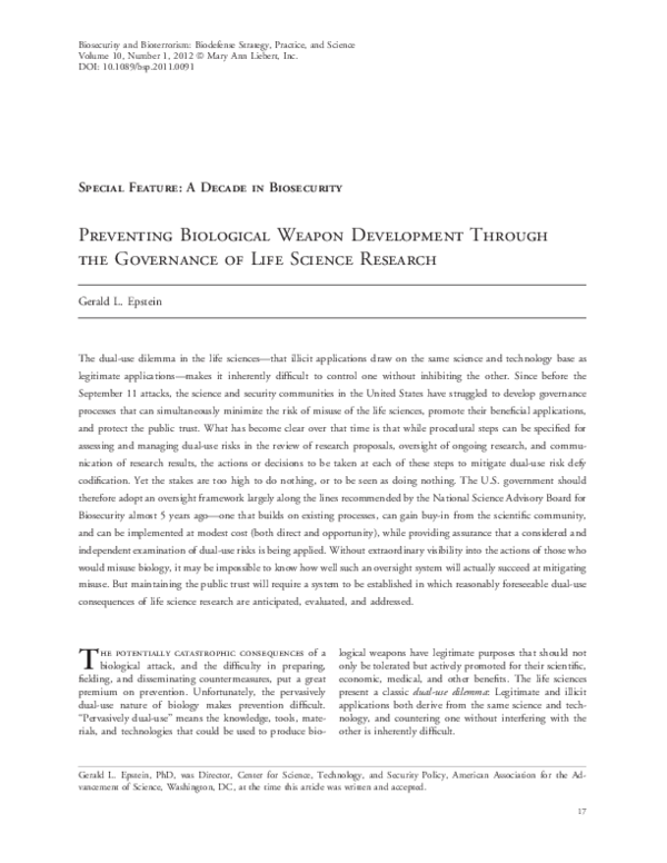 (PDF) Preventing Biological Weapon Development Through the Governance ...