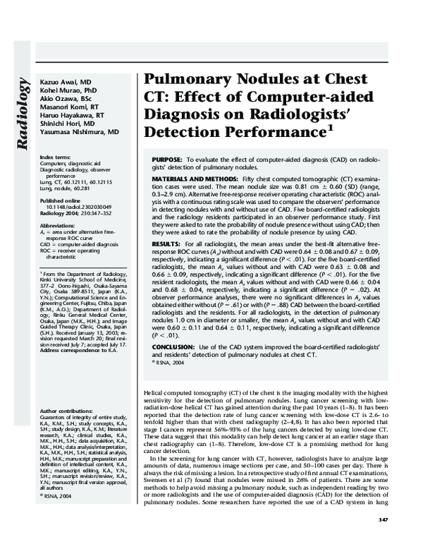 Pdf Pulmonary Nodules At Chest Ct Effect Of Computer Aided Diagnosis On Radiologists
