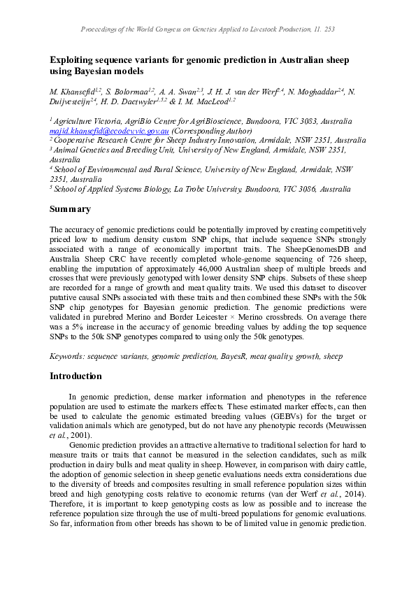 (PDF) Exploiting sequence variants for genomic prediction in Australian sheep using Bayesian models