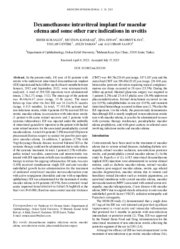 (PDF) Dexamethasone intravitreal implant for macular edema and some ...