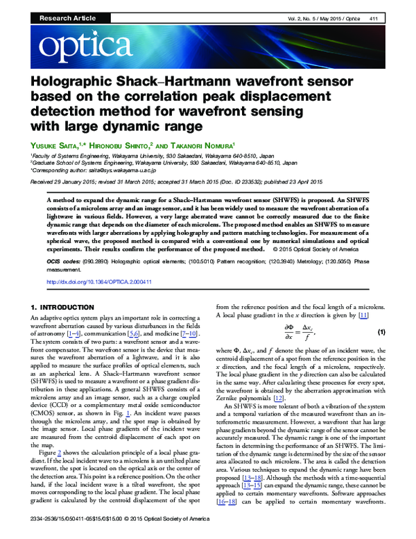 (PDF) Holographic Shack–Hartmann wavefront sensor based on the correlation peak displacement ...