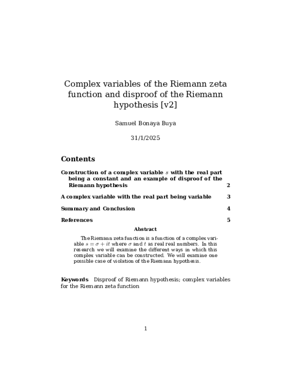 (PDF) Complex variables of the Riemann zeta function and disproof of the Riemann hypothesis [v2