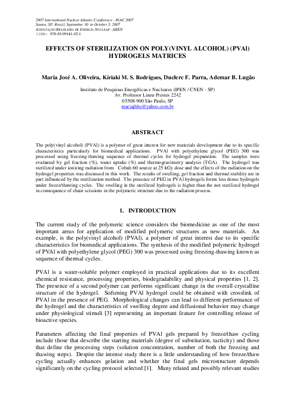 (PDF) EFFECTS OF STERILIZATION ON POLY(VINYL ALCOHOL) (PVAl) HYDROGELS ...