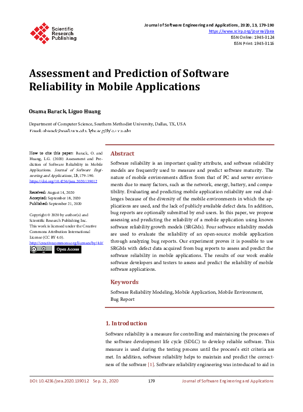 (PDF) Assessment and Prediction of Software Reliability in Mobile ...