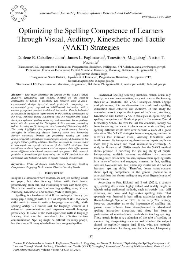 (PDF) Optimizing the Spelling Competence of Learners Through Visual, Auditory, Kinesthetic and ...