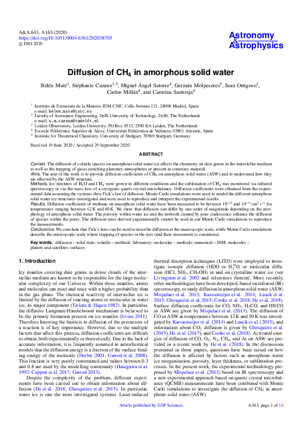 (PDF) Diffusion of CH4in amorphous solid water