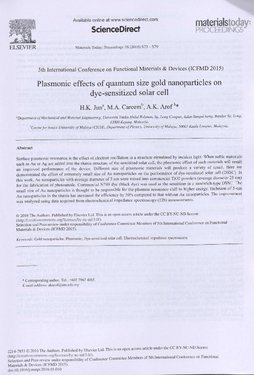 (PDF) Plasmonic Effects of Quantum Size Gold Nanoparticles on Dye-sensitized Solar Cell