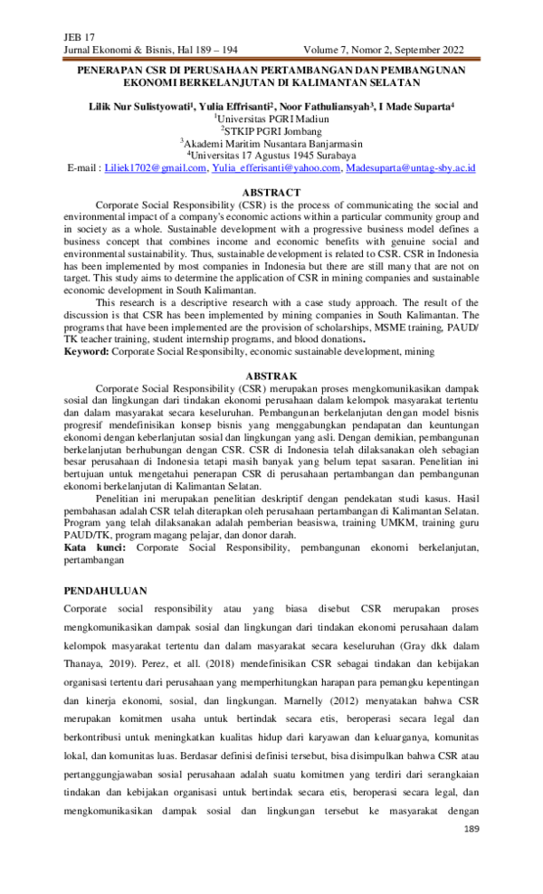 (PDF) Penerapan CSR DI Perusahaan Pertambangan Dan Pembangunan Ekonomi ...