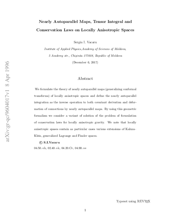 (PDF) Nearly Autoparallel Maps, Tensor Integral and Conservation Laws ...