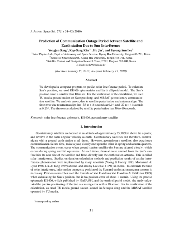 (PDF) Prediction of Communication Outage Period between Satellite and Earth station Due to Sun ...