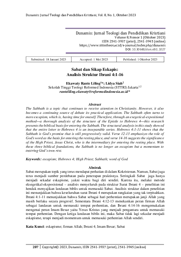 (PDF) Sabat dan Sikap Eskapis: Analisis Struktur Ibrani 4:1-16