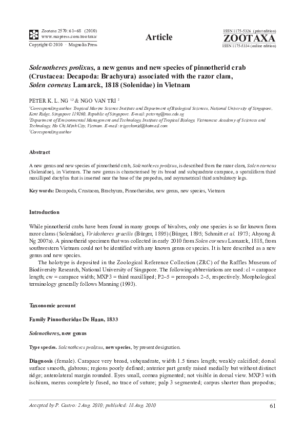 (PDF) Solenotheres prolixus, a new genus and new species of pinnotherid ...