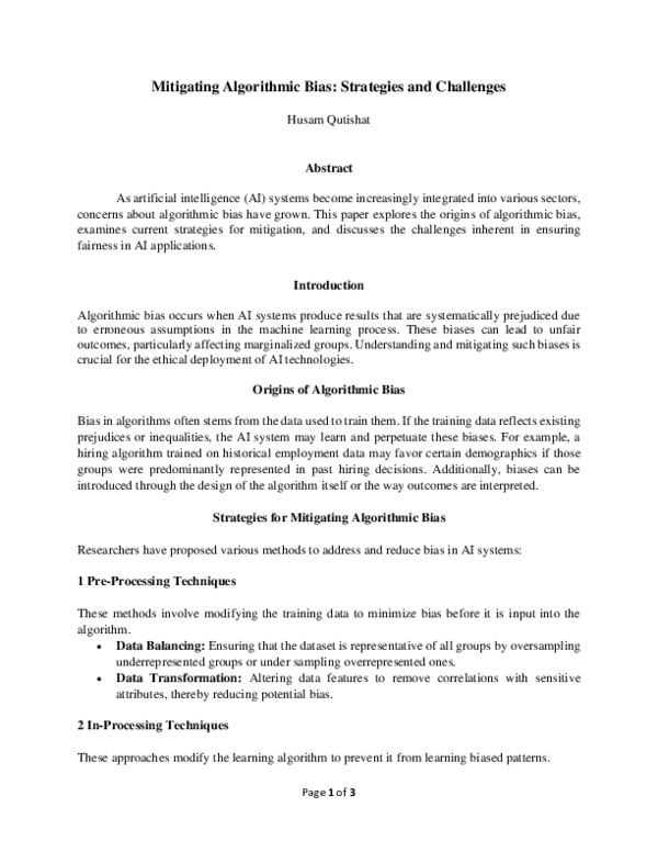 (PDF) Mitigating Algorithmic Bias: Strategies and Challenges