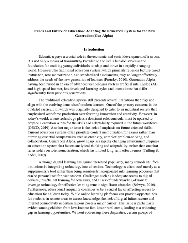 (PDF) Trends and Future of Education: Adapting the Education System for ...